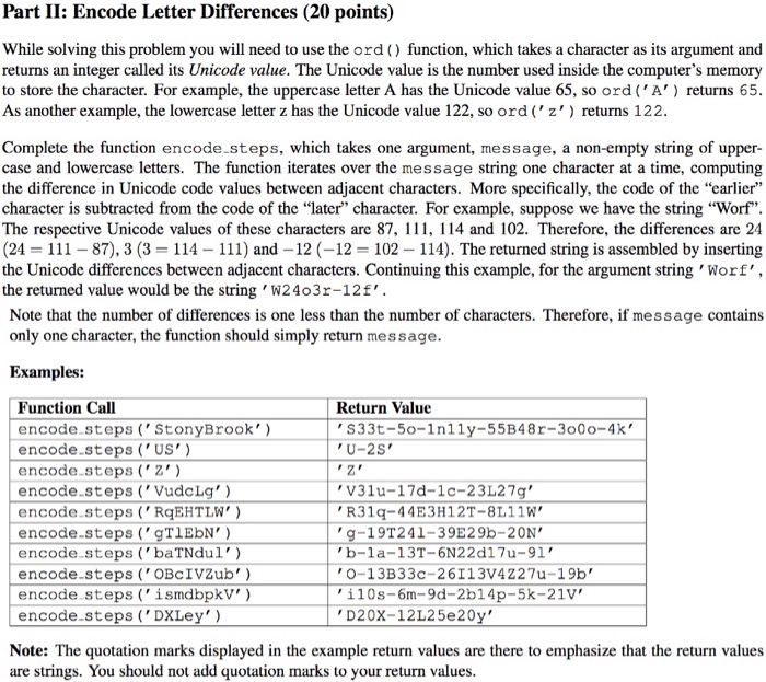 Solved Part II: Encode Letter Differences (20 points) While | Chegg.com