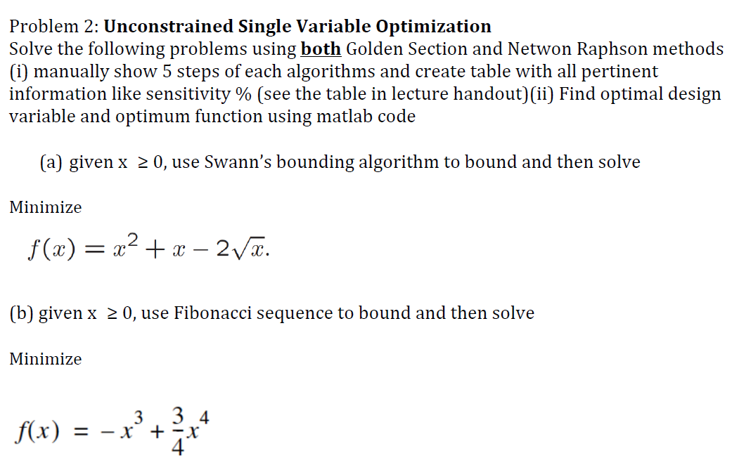 Problem 2 Unconstrained Single Variable Optimization