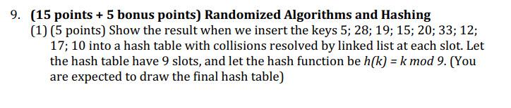 Solved 9. (15 points + 5 bonus points) Randomized Algorithms | Chegg.com