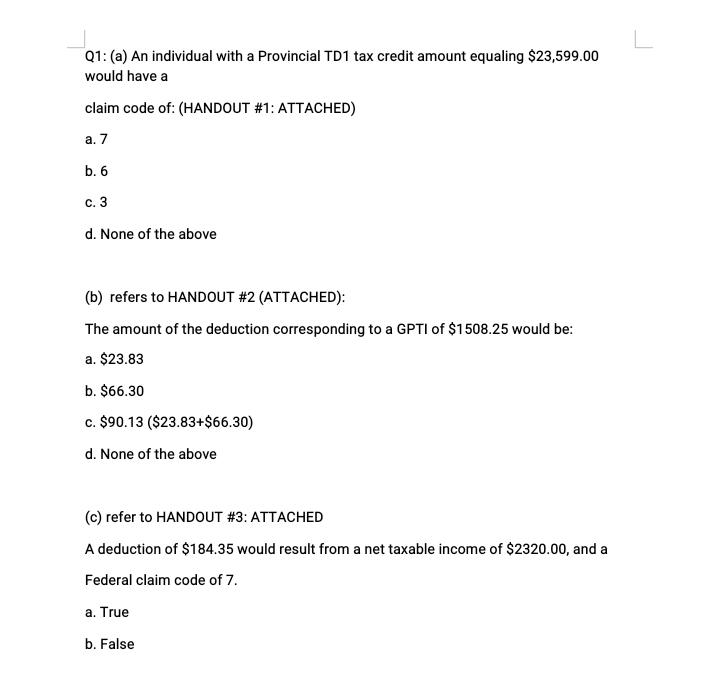 Solved L. Q1: (a) An individual with a Provincial TD1 tax | Chegg.com