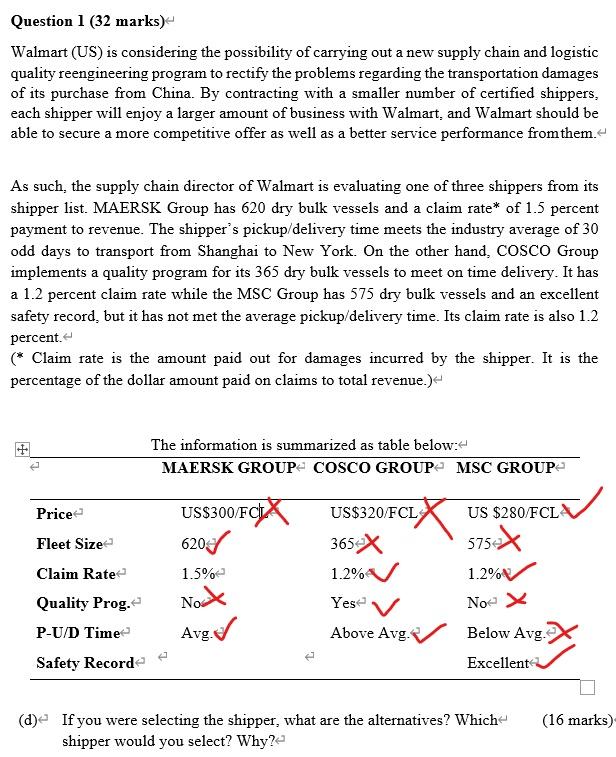 Solved Question 1 (32 marks) Walmart (US) is considering the | Chegg.com