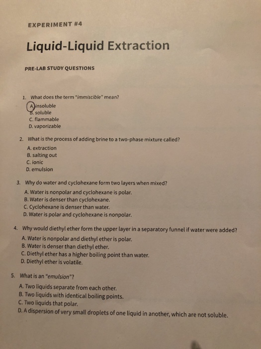 Solved EXPERIMENT #4 Liquid-Liquid Extraction PRE-LAB STUDY | Chegg.com