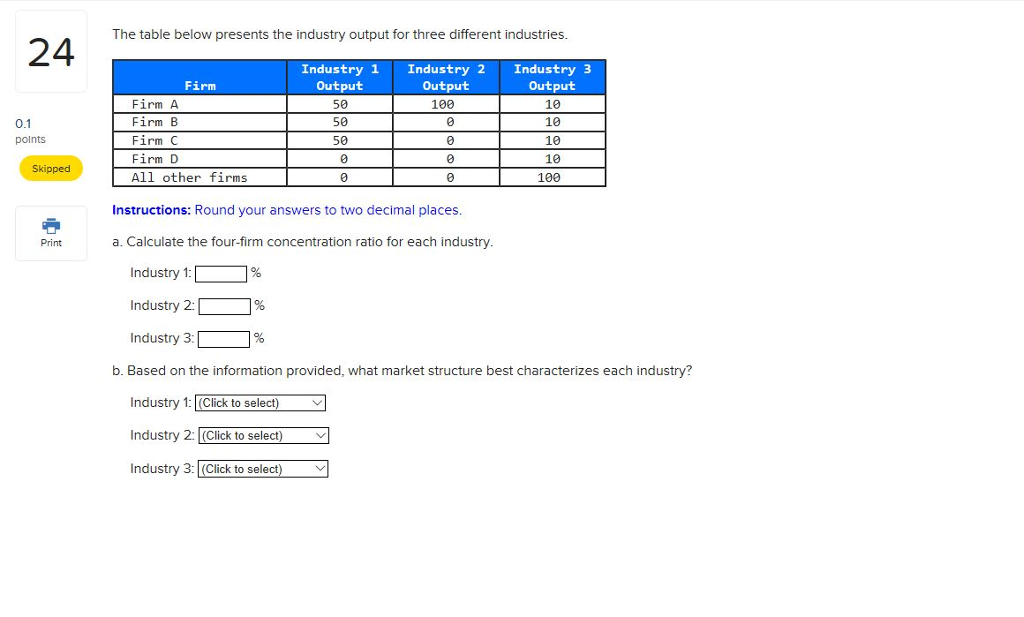Solved The table below presents the industry output for | Chegg.com