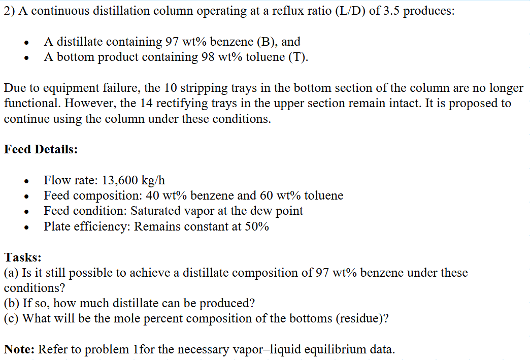 2) ﻿A continuous distillation column operating at a | Chegg.com
