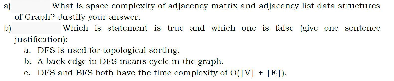 Solved a) What is space complexity of adjacency matrix and | Chegg.com
