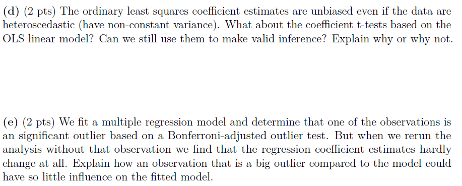 Solved (d) (2 pts) The ordinary least squares coefficient | Chegg.com