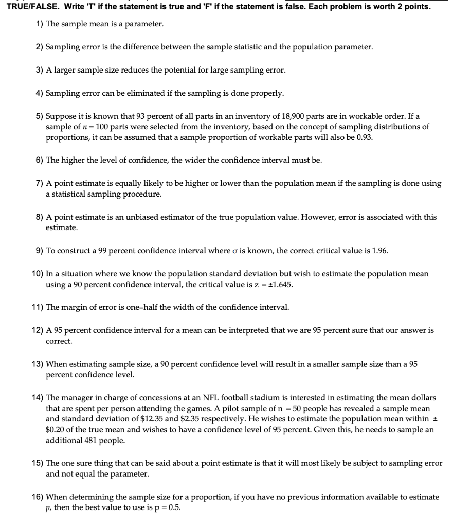 Solved TRUE/FALSE. Write 'T' if the statement is true and | Chegg.com