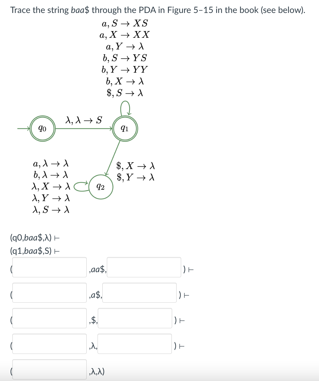 Solved Trace the string baa $ through the PDA in Figure 5-15 | Chegg.com