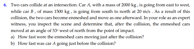 Solved 6. Two cars collide at an intersection. Car A, with a | Chegg.com