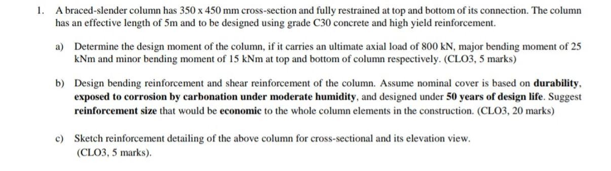 Solved 1. A braced-slender column has 350 x 450 mm | Chegg.com