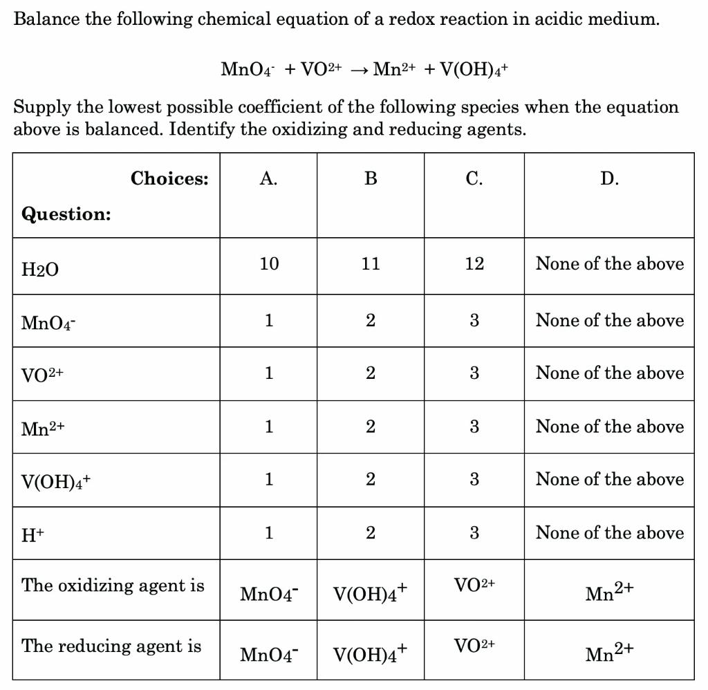 Solved Balance the following chemical equation of a redox | Chegg.com