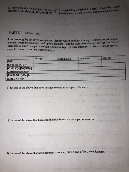 Solved e) now consider the complex ion (Fecla . in which C | Chegg.com