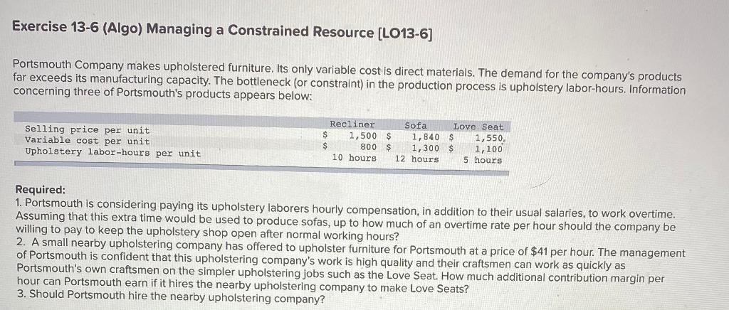 Solved Exercise 13-6 (Algo) Managing a Constrained Resource | Chegg.com
