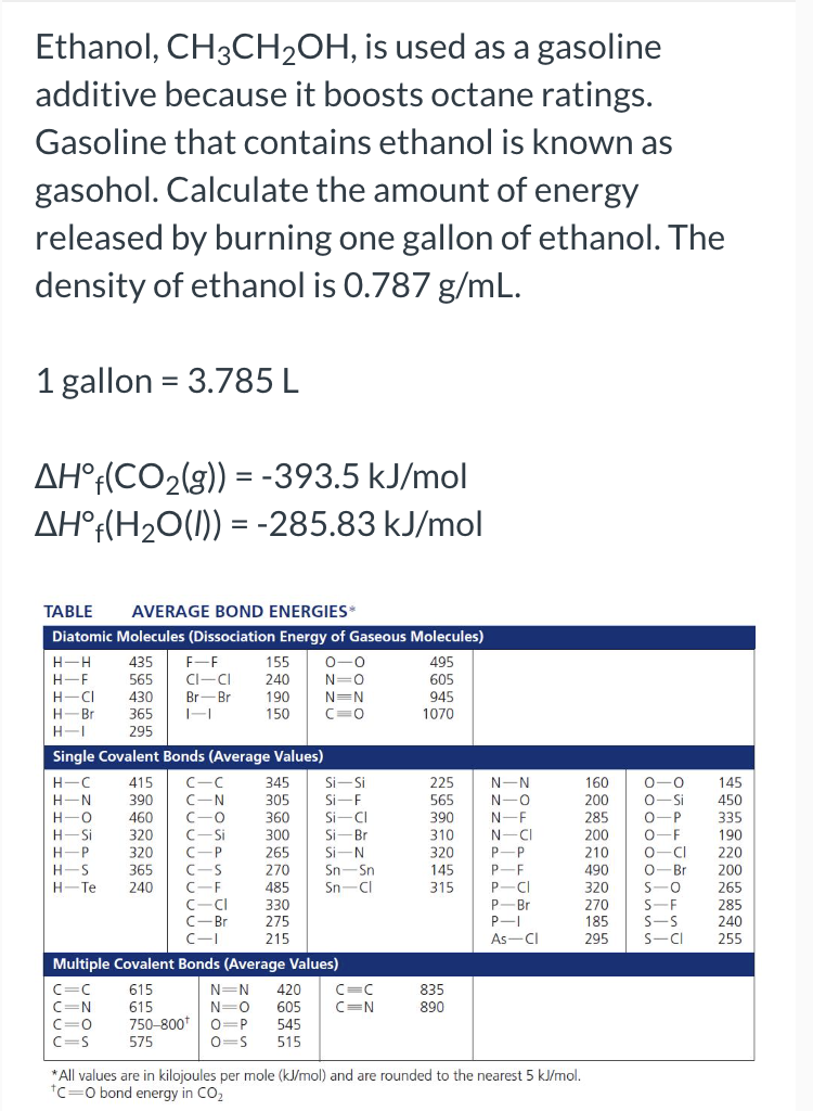 Solved Ethanol, CH3CH2OH, is used as a gasoline additive | Chegg.com