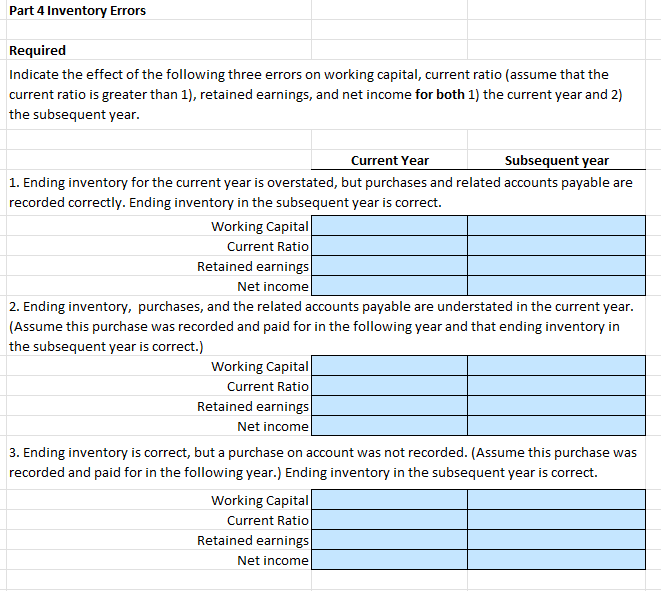 Solved Part 4 ﻿Inventory ErrorsRequiredIndicate the effect | Chegg.com