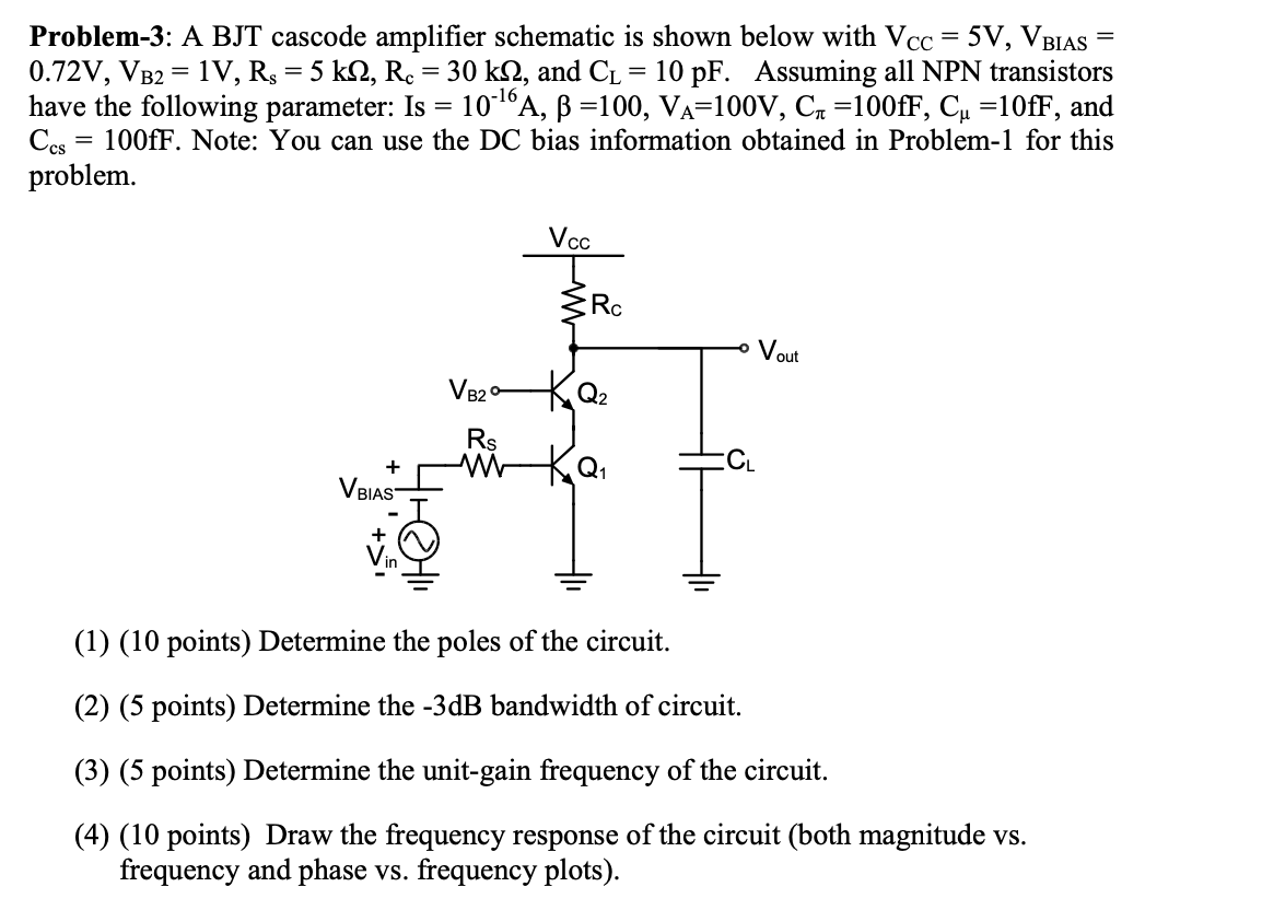 Solved Problem-3: A BJT cascode amplifier schematic is shown | Chegg.com
