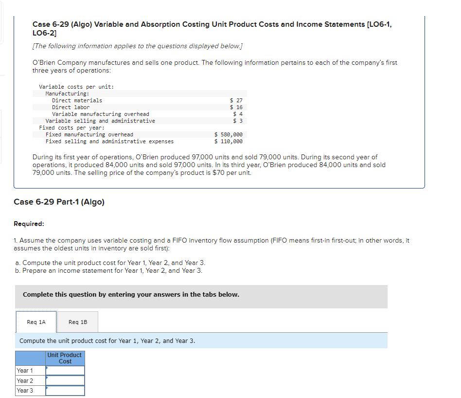 Solved Case 6-29 (Algo) Variable and Absorption Costing Unit | Chegg.com