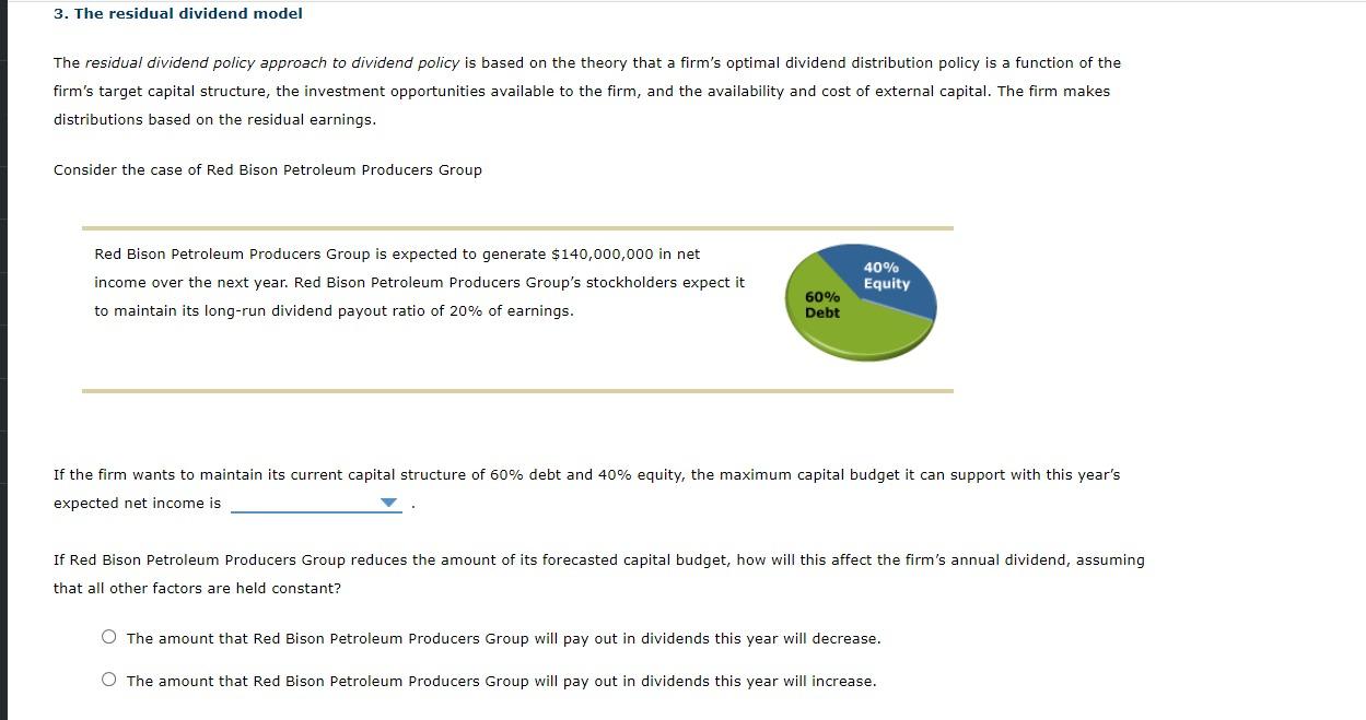 Solved 3. The residual dividend model The residual dividend | Chegg.com Solved 3. The residual dividend model The residual dividend | Chegg.com