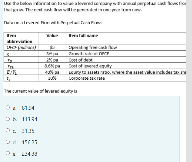 Solved Use the below information to value a levered company | Chegg.com
