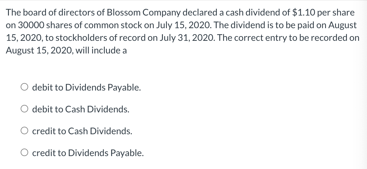 Solved The board of directors of Blossom Company declared a | Chegg.com