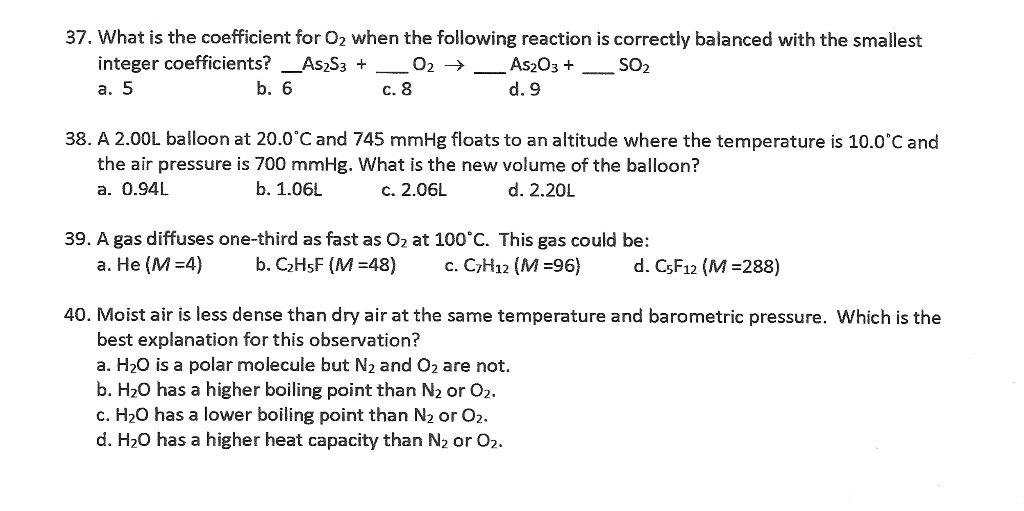 Solved 37. What is the coefficient for O2 when the following | Chegg.com