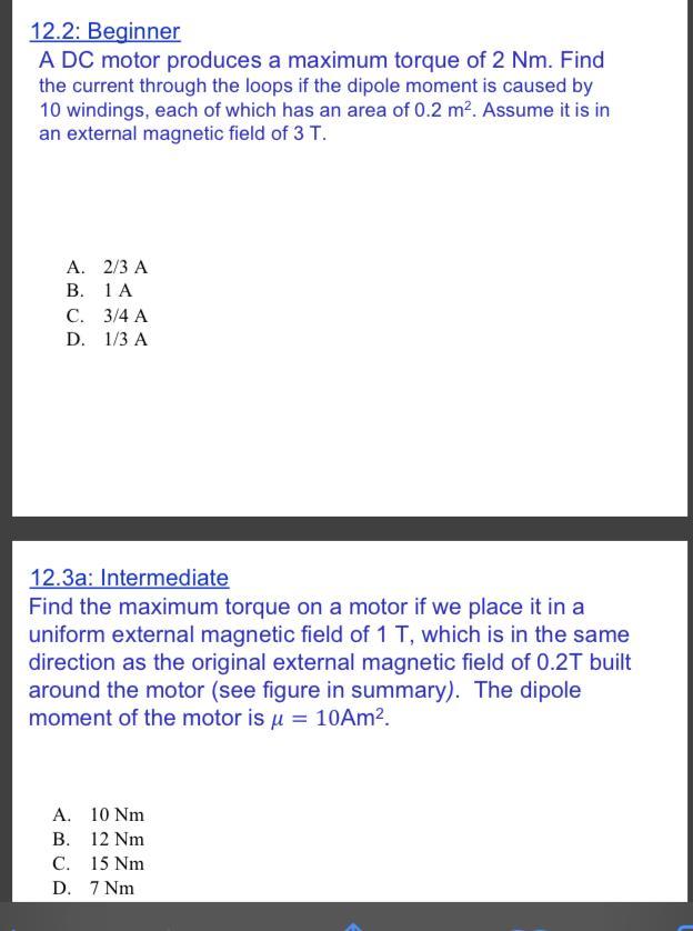 Solved 12.2: Beginner A DC motor produces a maximum torque | Chegg.com