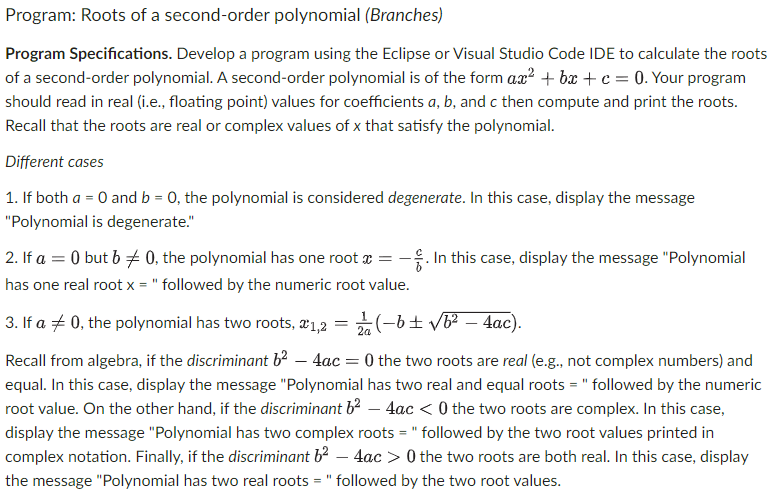 Solved Program: Roots of a second-order polynomial | Chegg.com