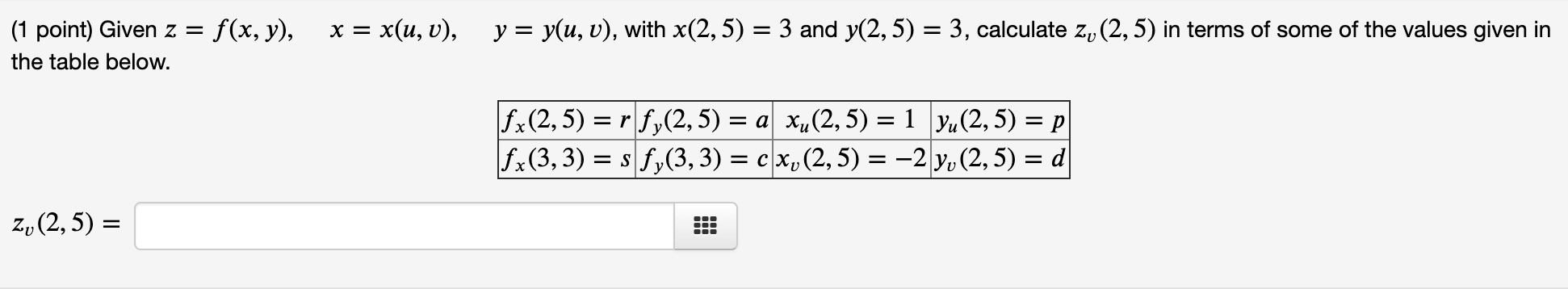 Solved x = x(u, v), (1 point) Given z = : f(x, y), the table | Chegg.com