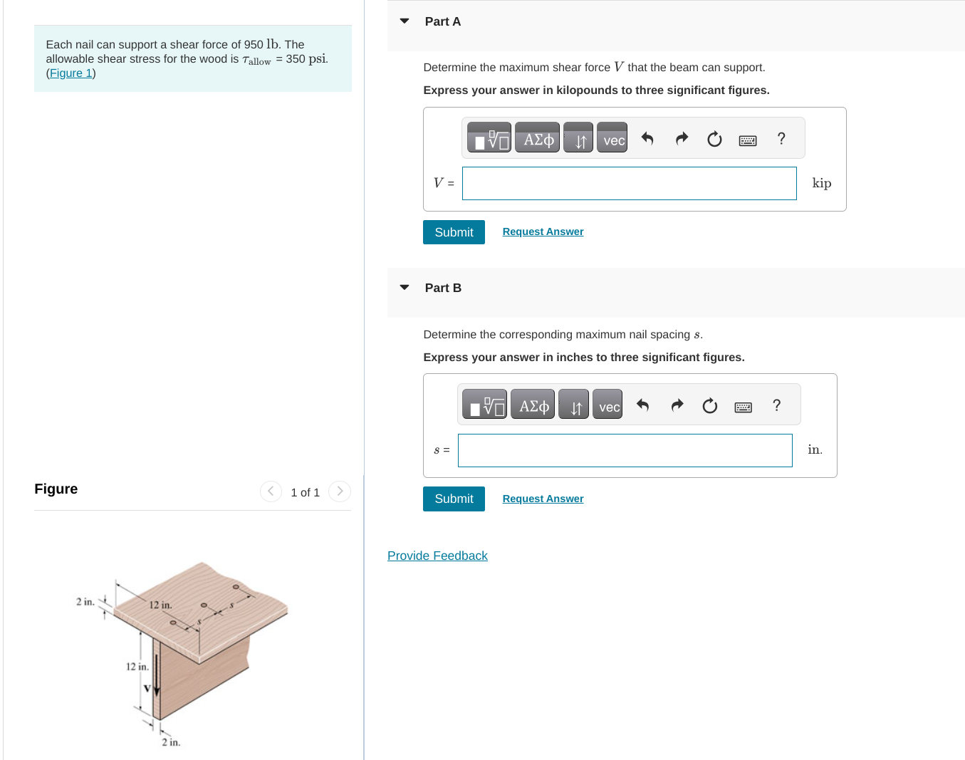 Solved Determine max shear, V and nail spacing, s | Chegg.com