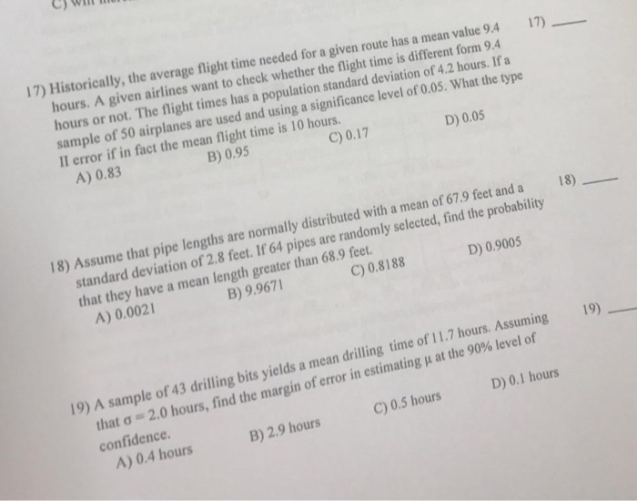 Solved Cy Wll 17) Historically, the average flight time | Chegg.com