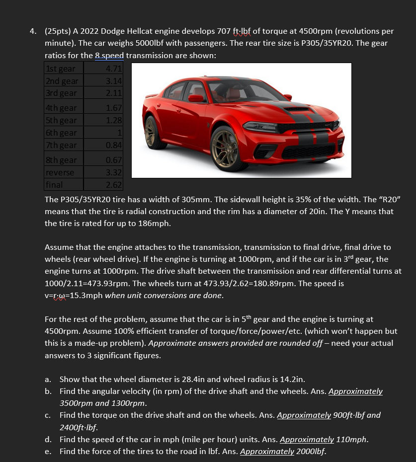 4. (25pts) A 2022 Dodge Hellcat engine develops 707 | Chegg.com