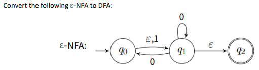 Solved Convert the following E-NFA to DFA: 0 E,1 E-NFA: E 90 | Chegg.com