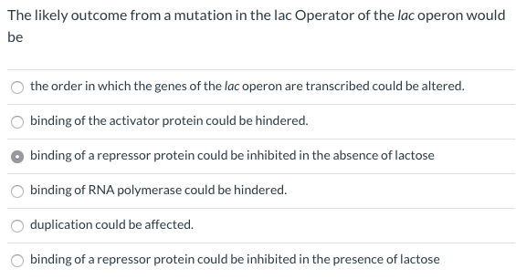 Solved The likely outcome from a mutation in the lac | Chegg.com
