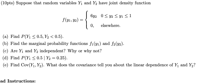 Solved (10pts) Suppose that random variables Y1 and Y2 have | Chegg.com