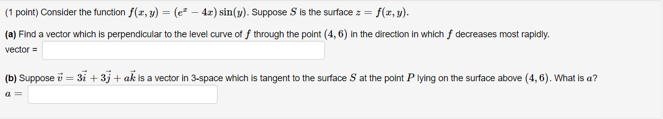 Solved (1 point) Consider the function f(x, y) = (e" – 4x) | Chegg.com