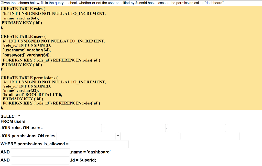 Solved CREATE TABLE roles ( 'id' INT UNSIGNED NOT NULI | Chegg.com