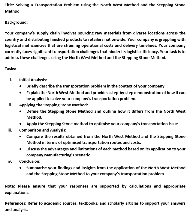 Solved Title: Solving a Transportation Problem using the | Chegg.com