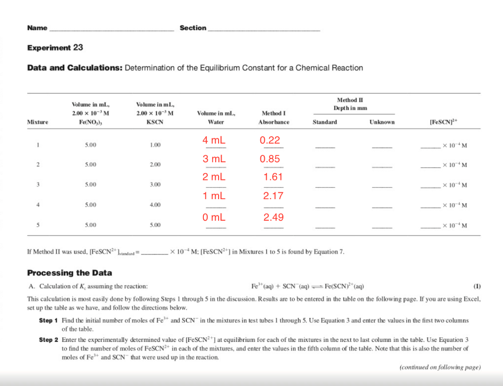 Solved Name Section Experiment 23 Data and Calculations: | Chegg.com