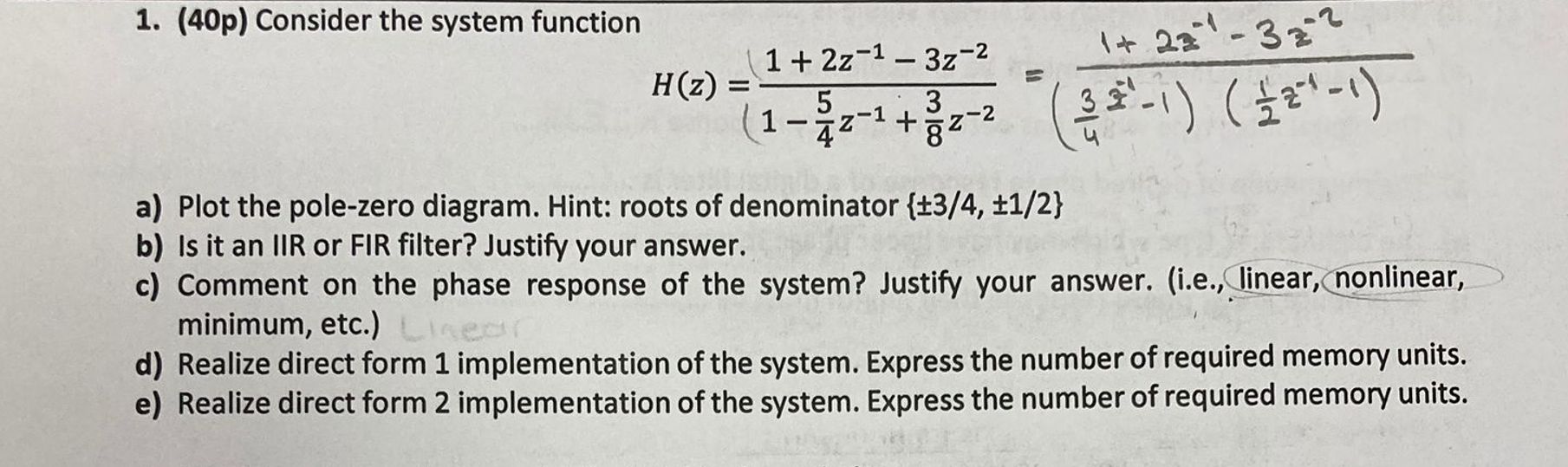 Solved (40p) ﻿Consider the system function. please write a | Chegg.com