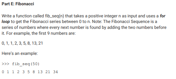 Solved Part E Fibonacci Write A Function Called Fib Seq N