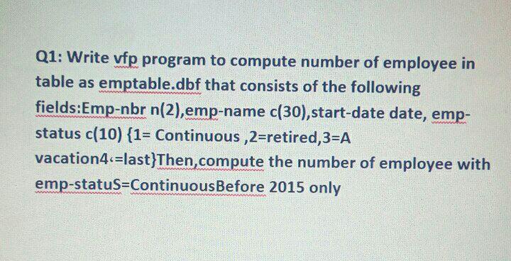 Solved Q1: Write vfp program to compute number of employee | Chegg.com