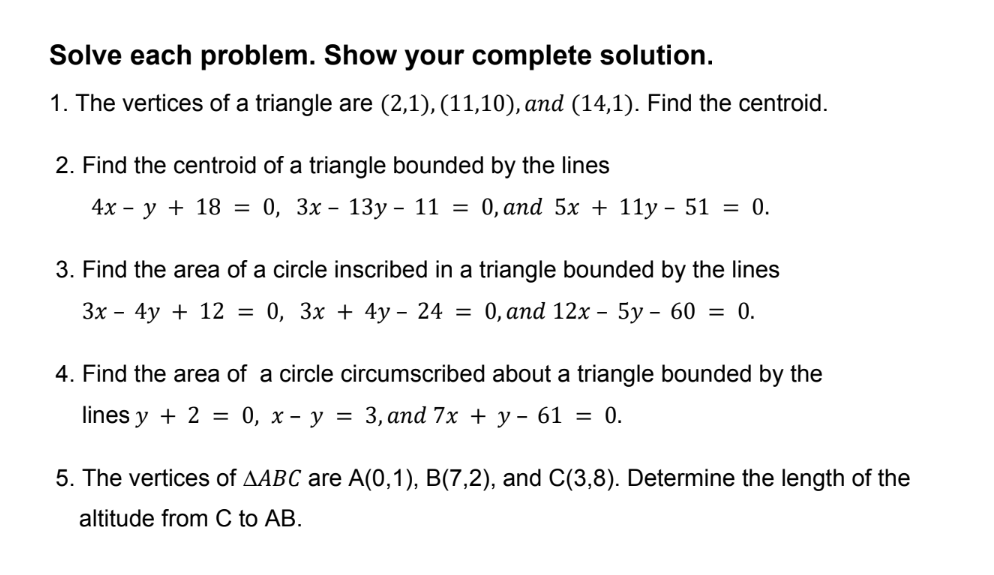 Solved Solve each problem. Show your complete solution. 1. | Chegg.com