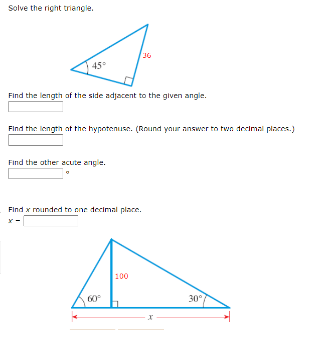 Solved Solve the right triangle. 36 45° Find the length of | Chegg.com