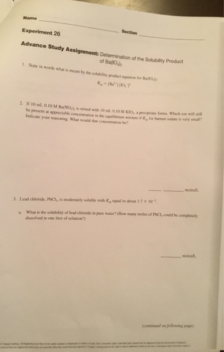 Solved Name Section Experiment 26 gnment: Determination of | Chegg.com