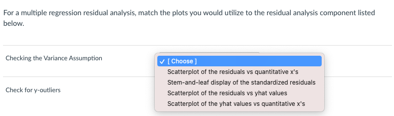 Solved For a multiple regression residual analysis, match | Chegg.com