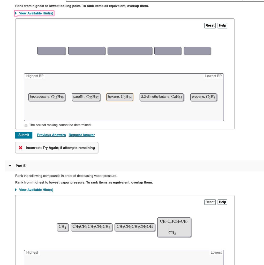 Solved Rank from highest to lowest boiling point. To rank | Chegg.com