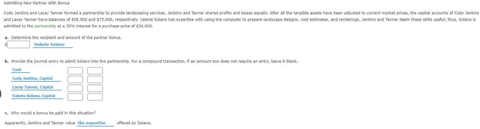 Solved Admitting New Partner With Bonus Cody Jenkins and | Chegg.com