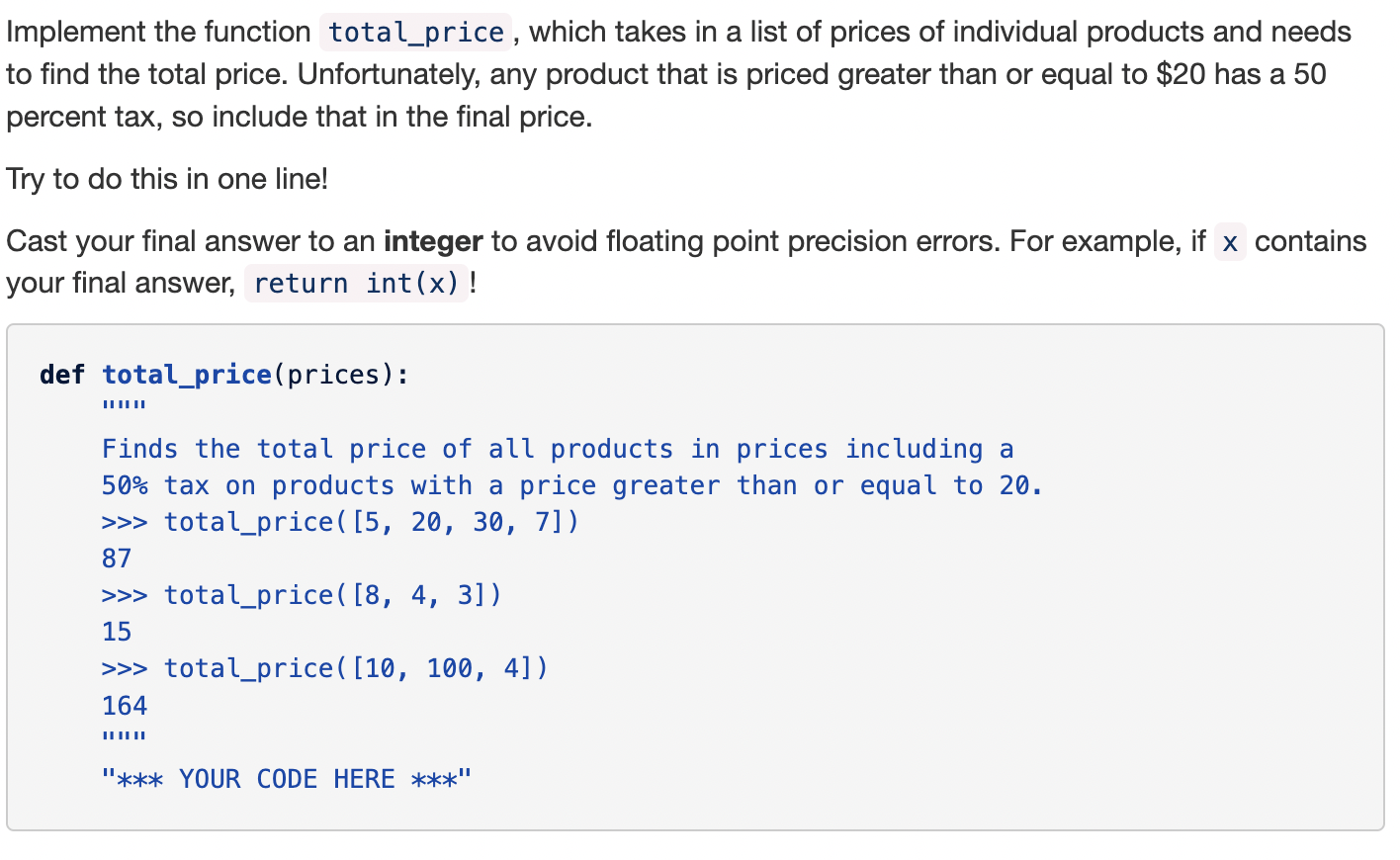 Solved Implement the function total_price, which takes in a | Chegg.com