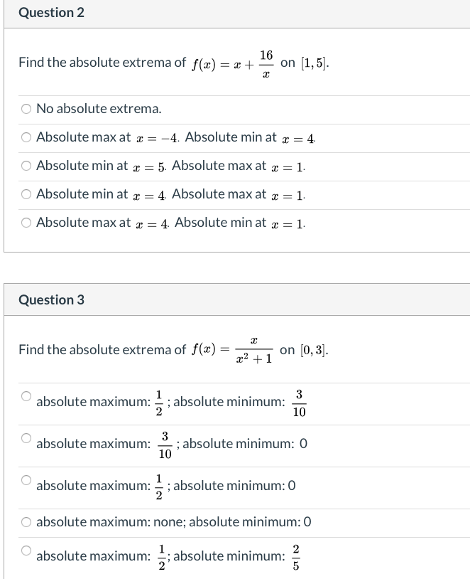 Solved Question 2 Find the absolute extrema of f(x) = x + 10 | Chegg.com