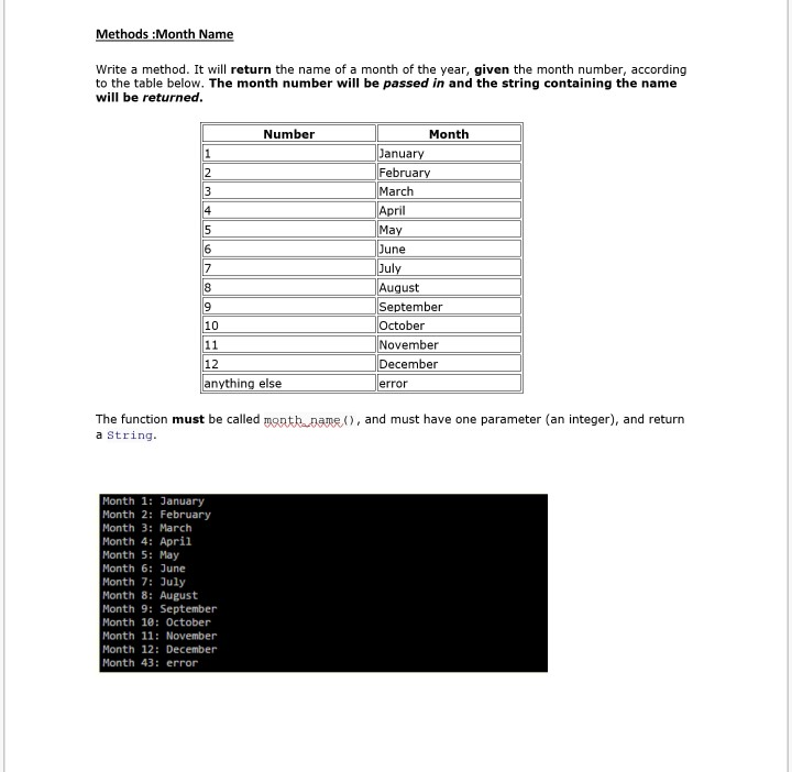 Solved Methods :Month Name Write a method. It will return | Chegg.com